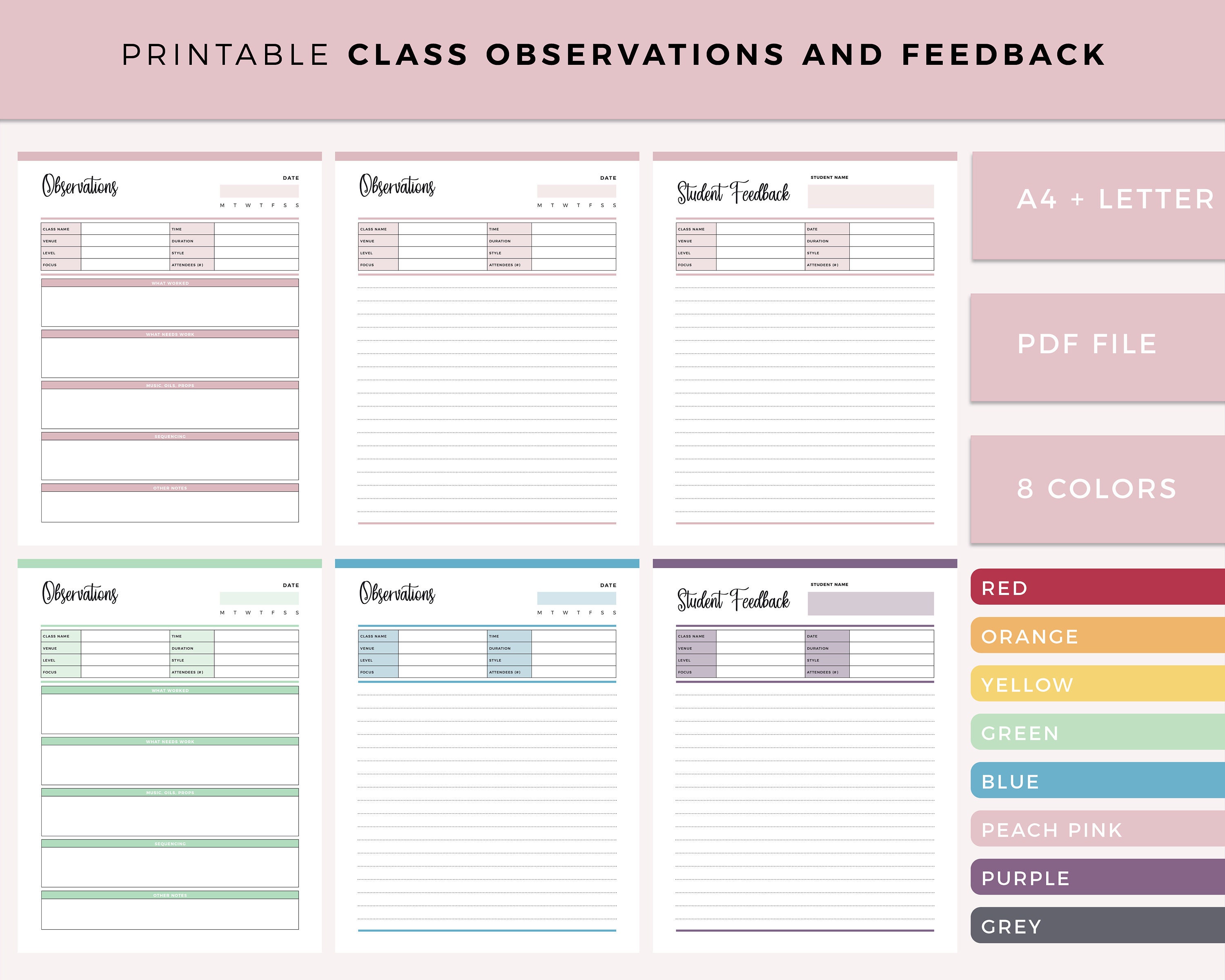 Printable Yoga Class Observations, Yoga Instructor Planner, Pilates ...