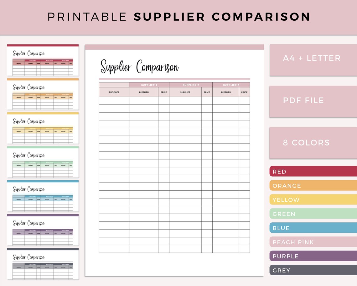 Printable Supplier Comparison Sheet Compare Suppliers for - Etsy Canada