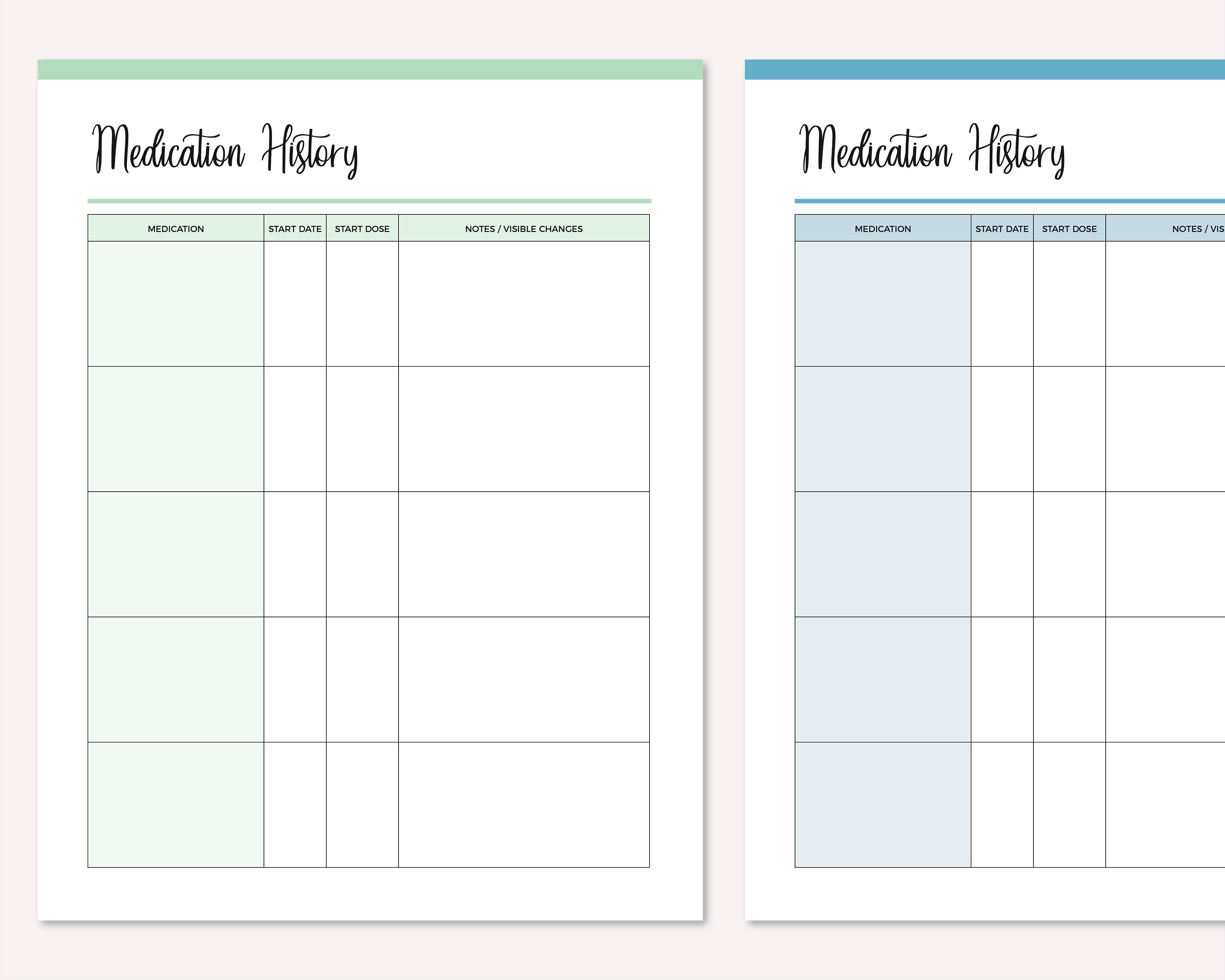 Printable Medication History Template Medical Binder Planner - Etsy