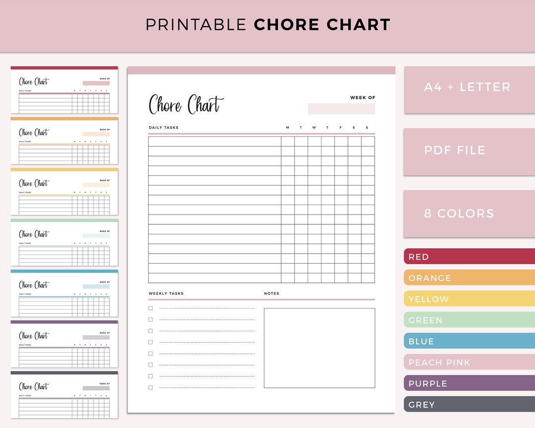 Printable Chore Chart, Print at Home Daily Chores List, Household to Do ...