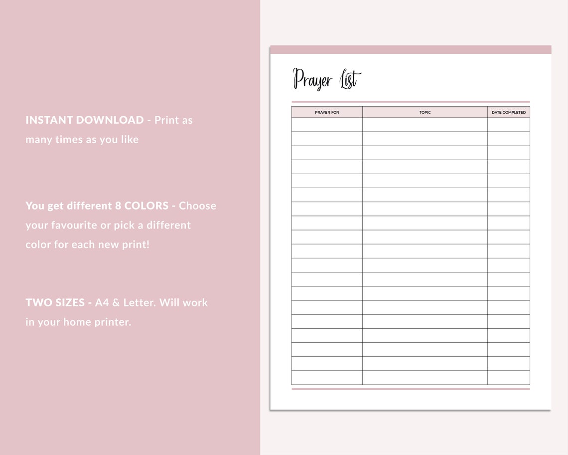 Printable Prayer List, Print at Home Prayer Journal Planner Insert ...