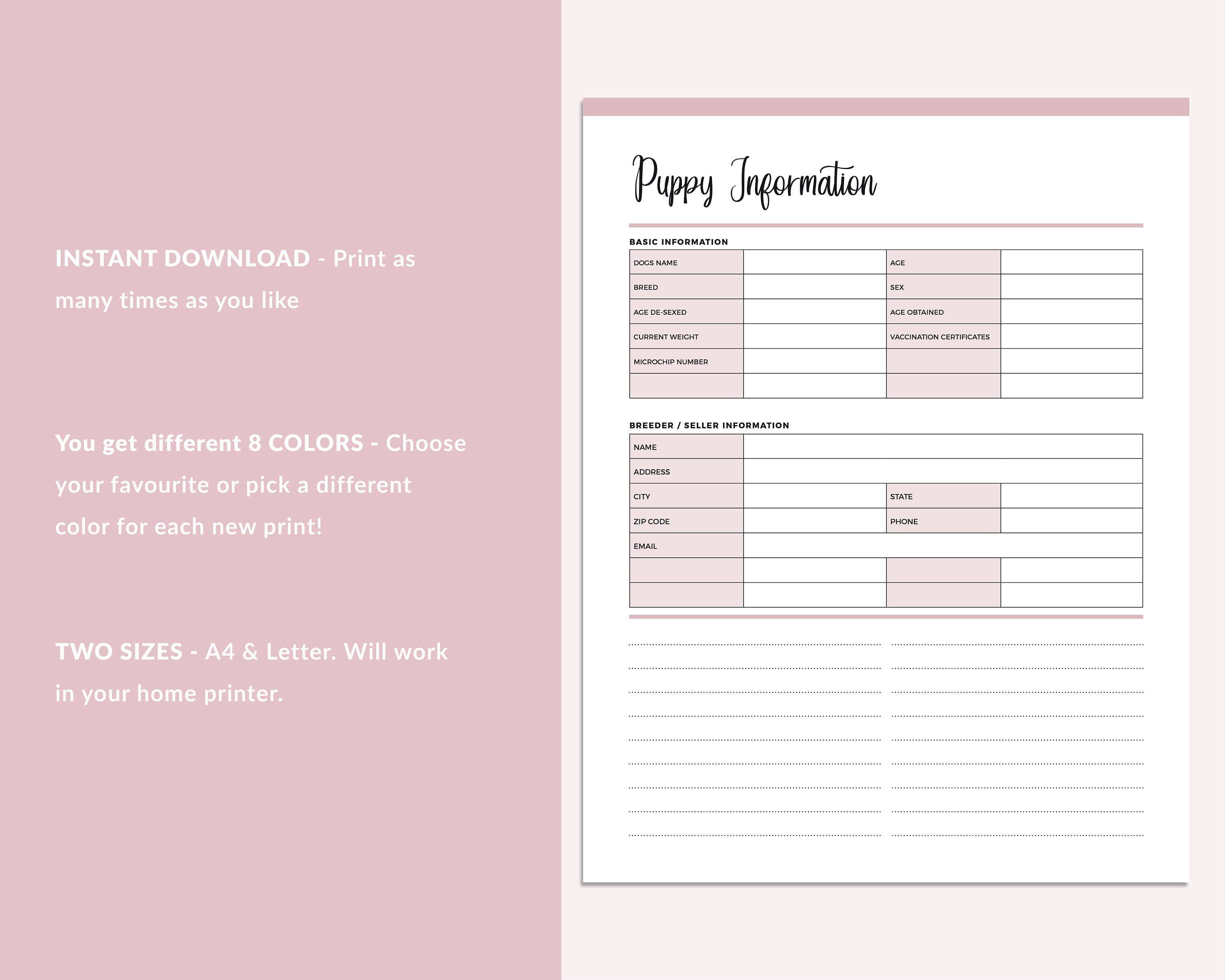 New Puppy Information Sheet, Rescue Dog Information Page, Puppy Log ...