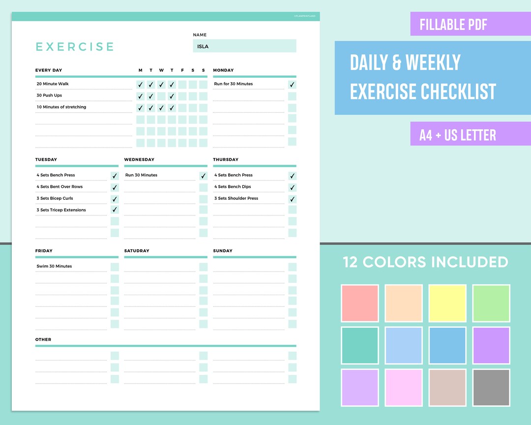 Editable Exercise Tracker Printable, Fillable Daily Exercise Checklist ...