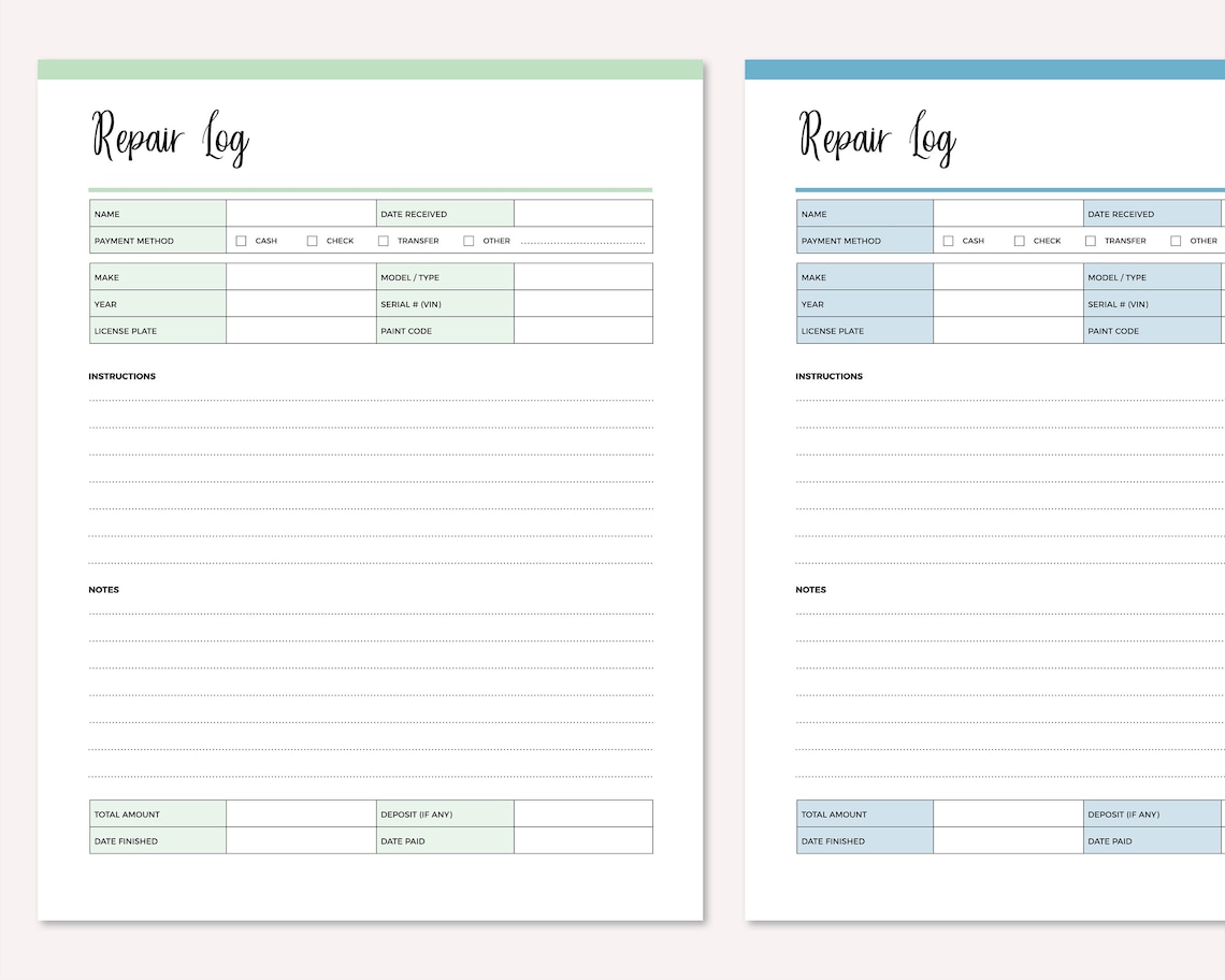 Printable Mechanic Repair Log Auto Body Repair Sheet | Etsy