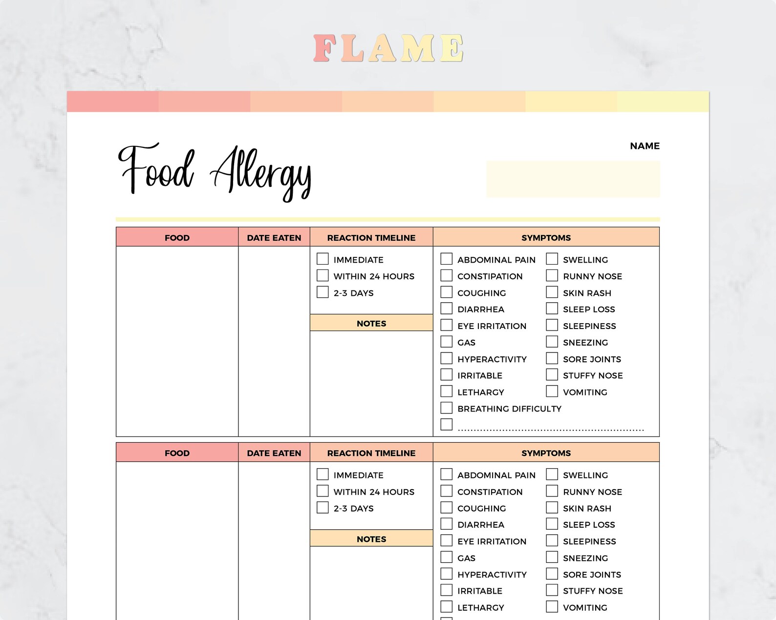 Printable Food Allergy Log - Food and Symptom Diary - Food Allergy ...