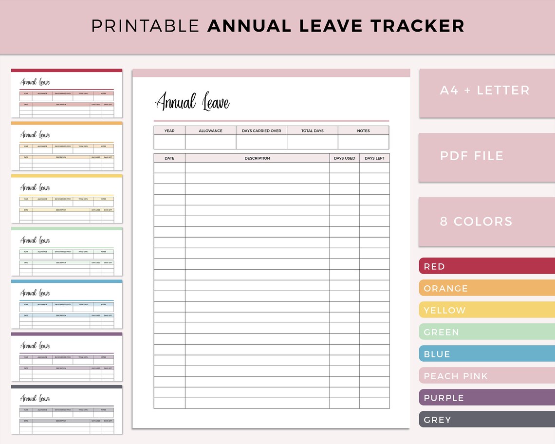 Annual Leave Tracker Printable, Work Leave Tracker, Work Holiday ...