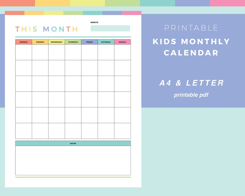 Printable Monthly Calendar for Kids Monthly Planner for | Etsy
