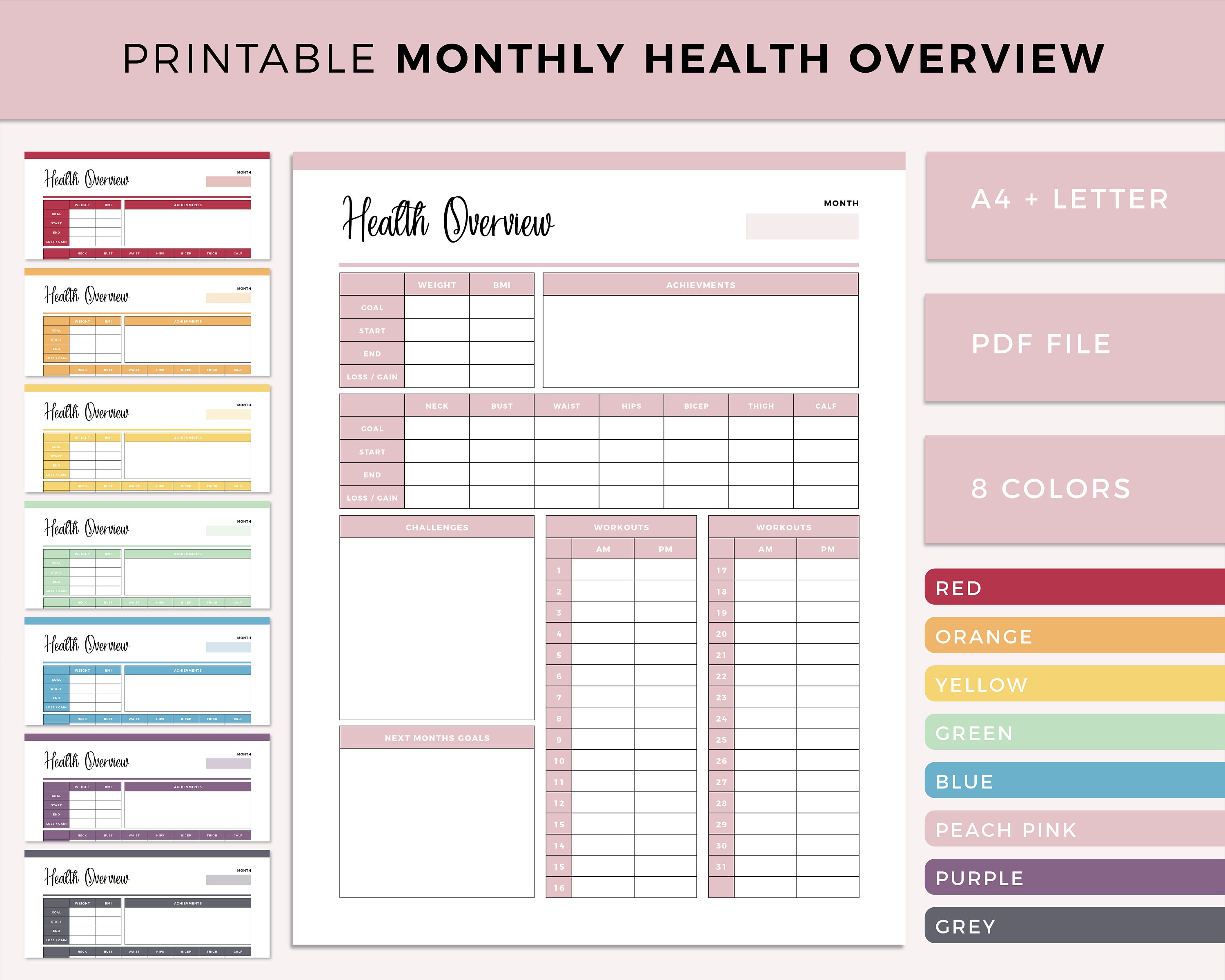 Monthly Health Tracker Printable, Weightloss Tracker, Weight Tracking ...