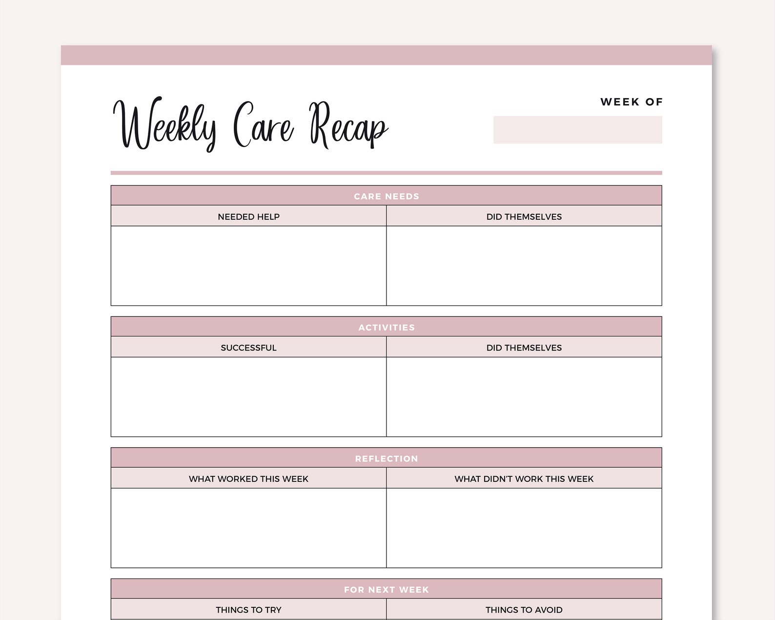 Printable Daily Care Log, Journal for Special Needs Carers, Elderly ...