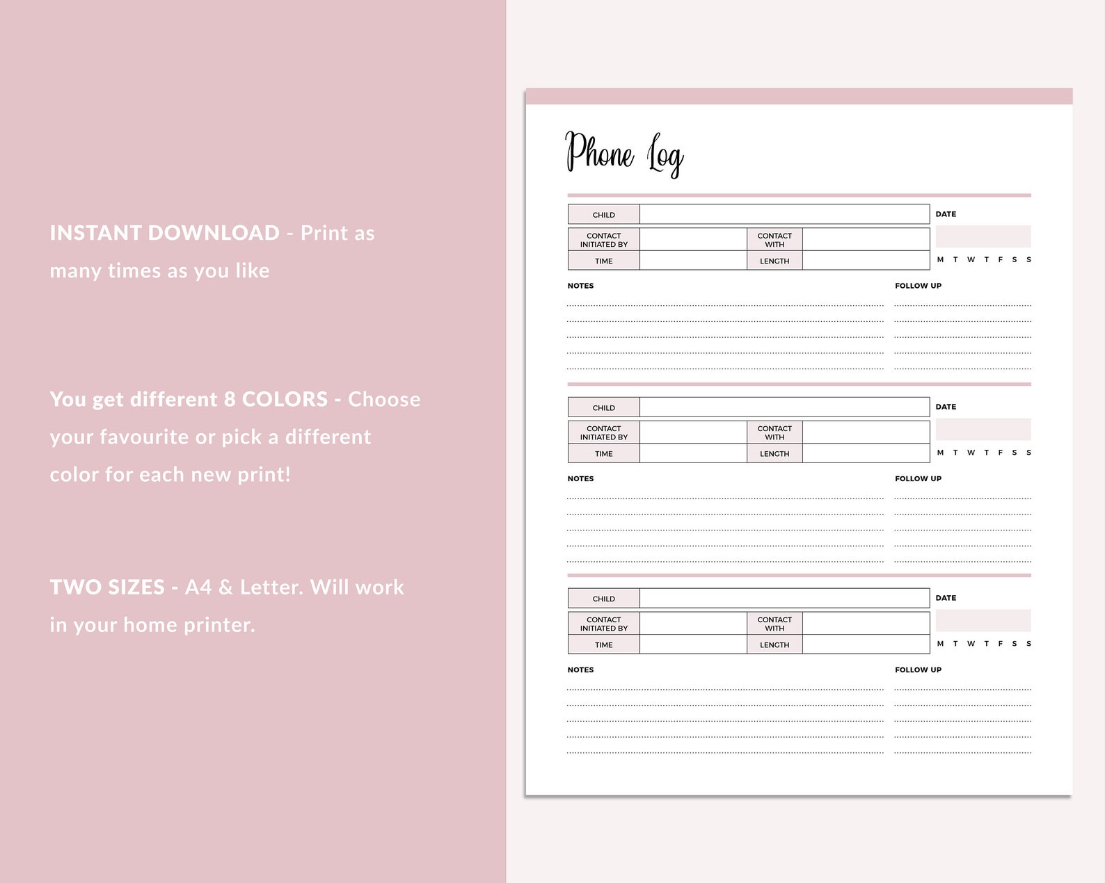 Printable Co-parenting Phone Log, Co Parenting Communication Log, Child ...