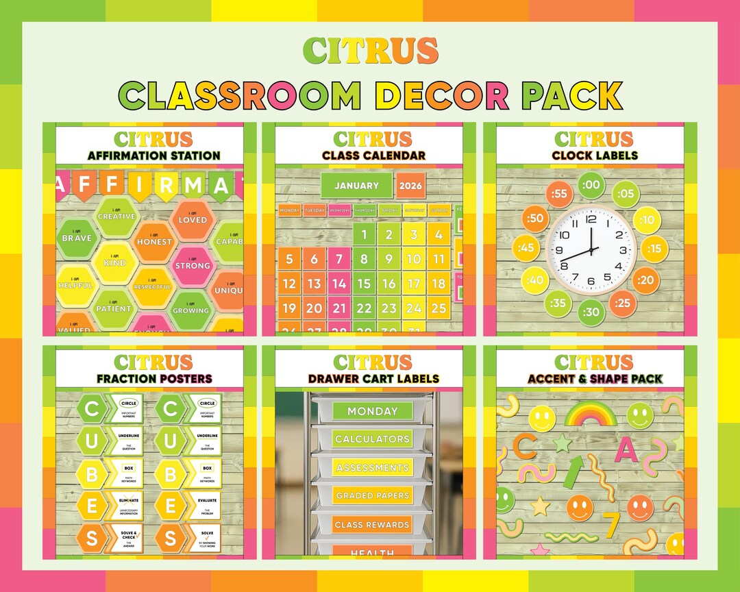 Bright Citrus Classroom Decor Bundle | Green Yellow Orange Pink ...