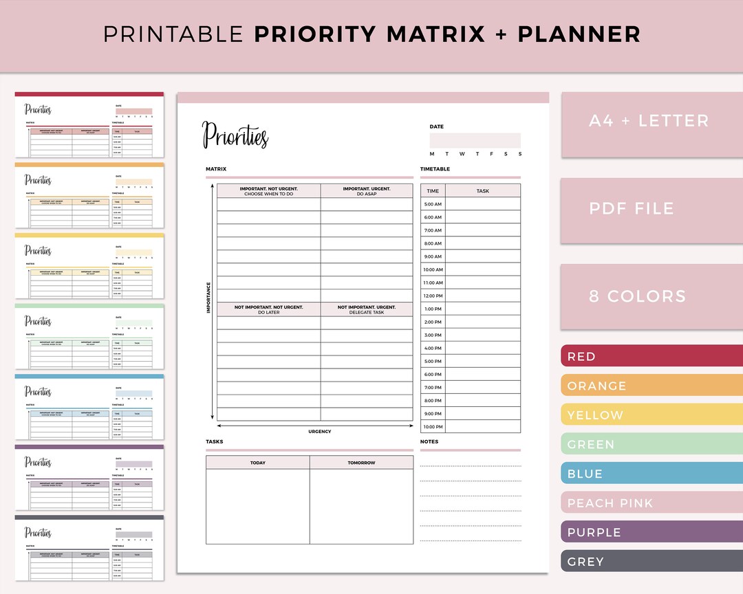 Work Priority Matrix Printable, Eisenhower Matrix, Daily Task Planner ...