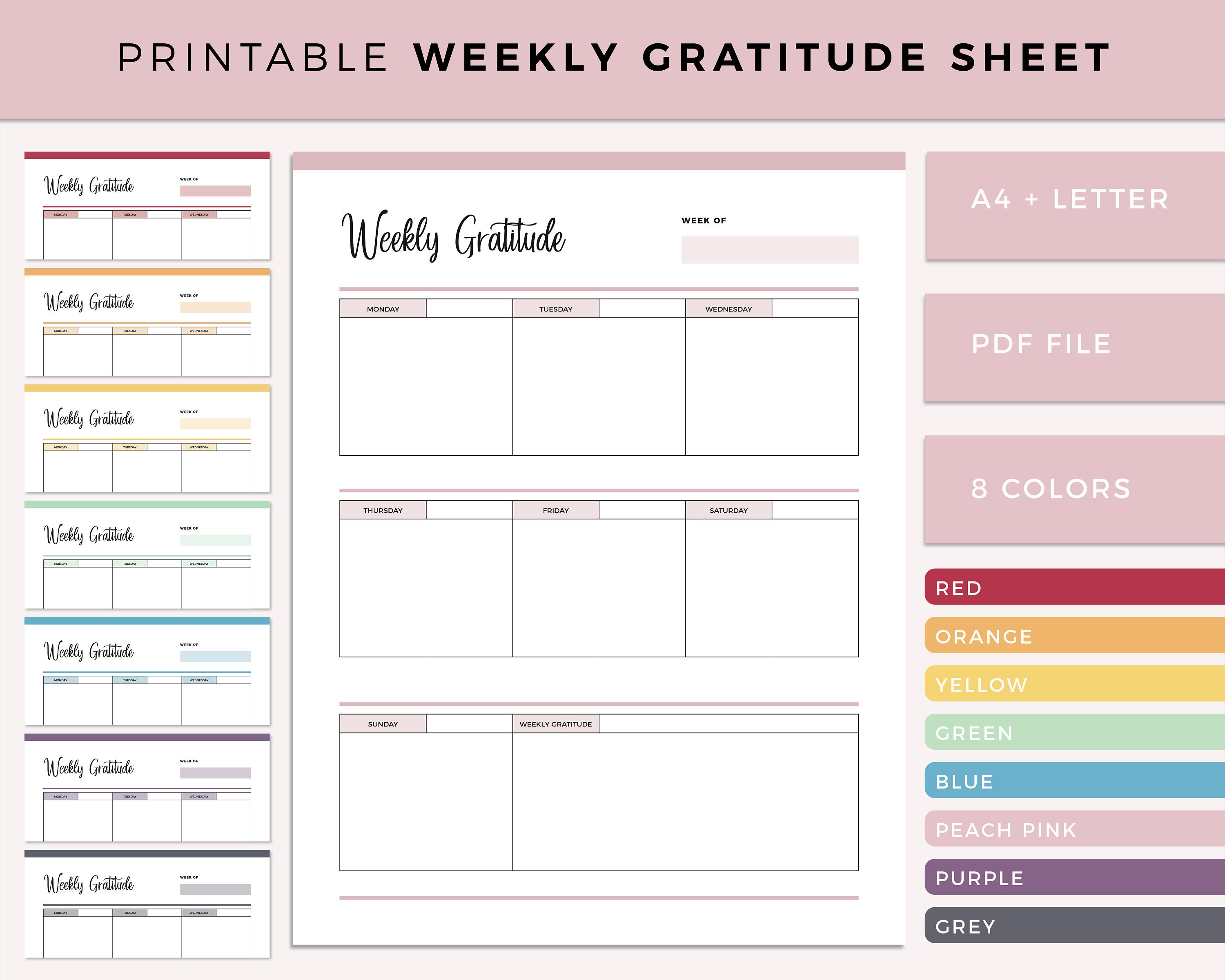 Printable Gratitude Journal, Weekly Gratitude Planner, Self Care ...