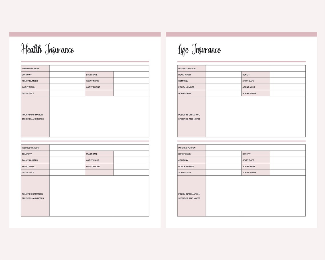 Insurance Tracker Printable Insurance Tracking Template | Etsy