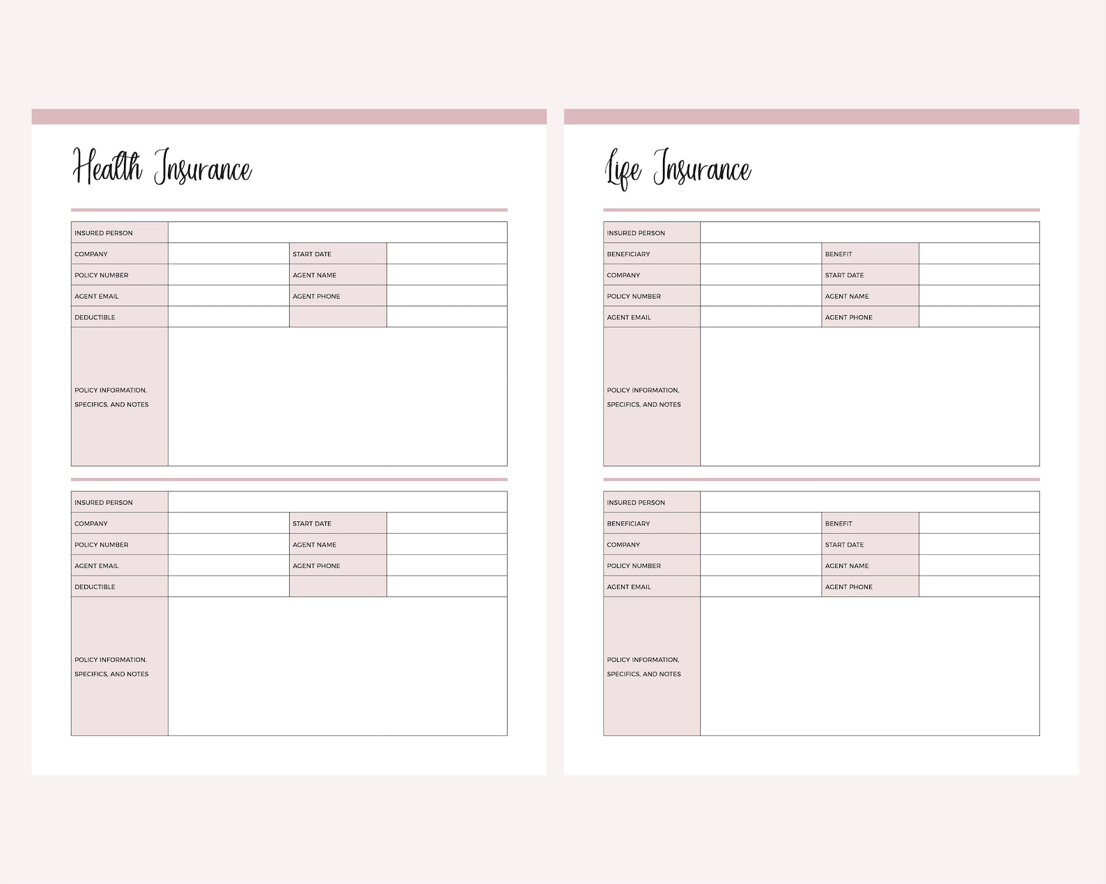 Insurance Tracker Printable Insurance Tracking Template - Etsy