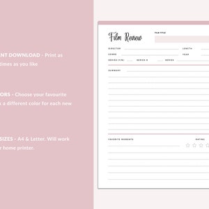 Printable Film Review Planner, Movie Review Sheet, A4 and Letter Size ...