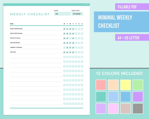 Editable Minimal Weekly Checklist Week Planner Weekly to Do - Etsy