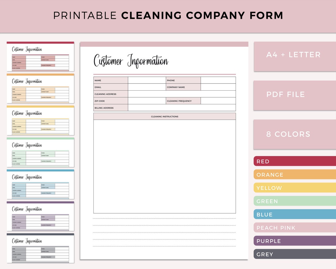 Printable Customer Information Sheet for Cleaning Businesses, Cleaning ...