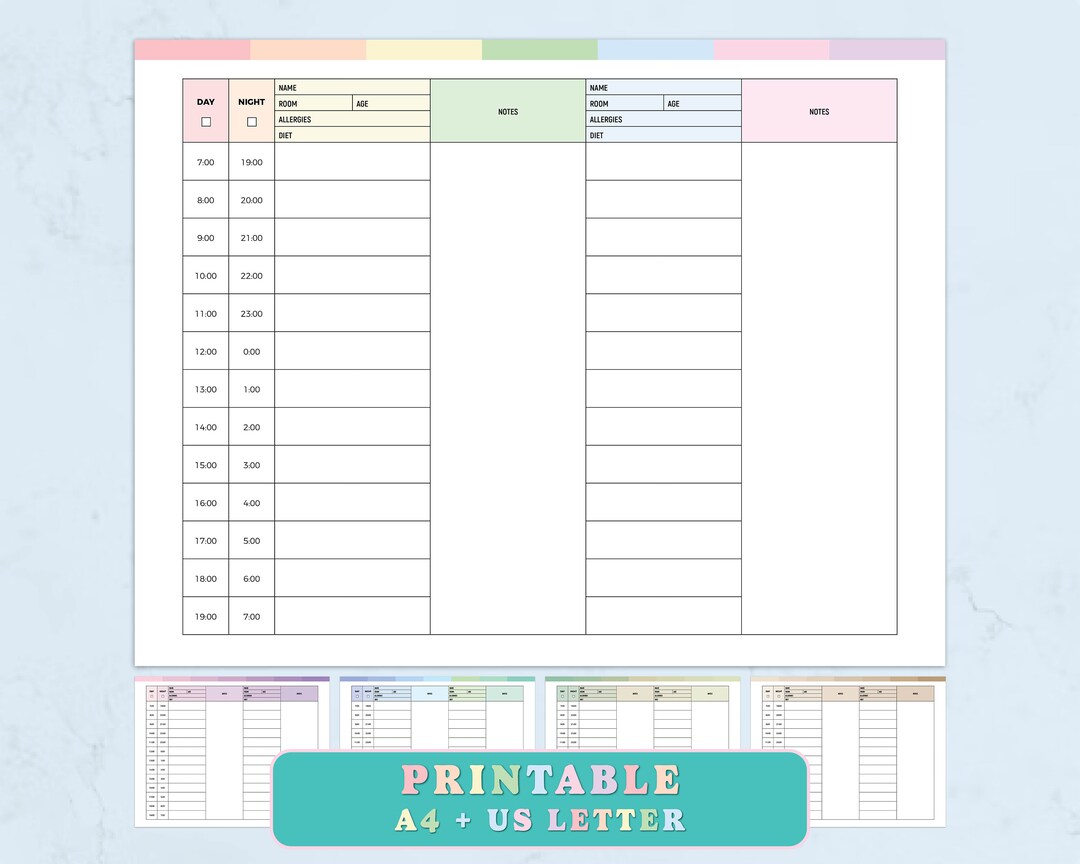 Printable 2 Patient Nurse Planner, Nursing Patient Care Chart, Hourly ...