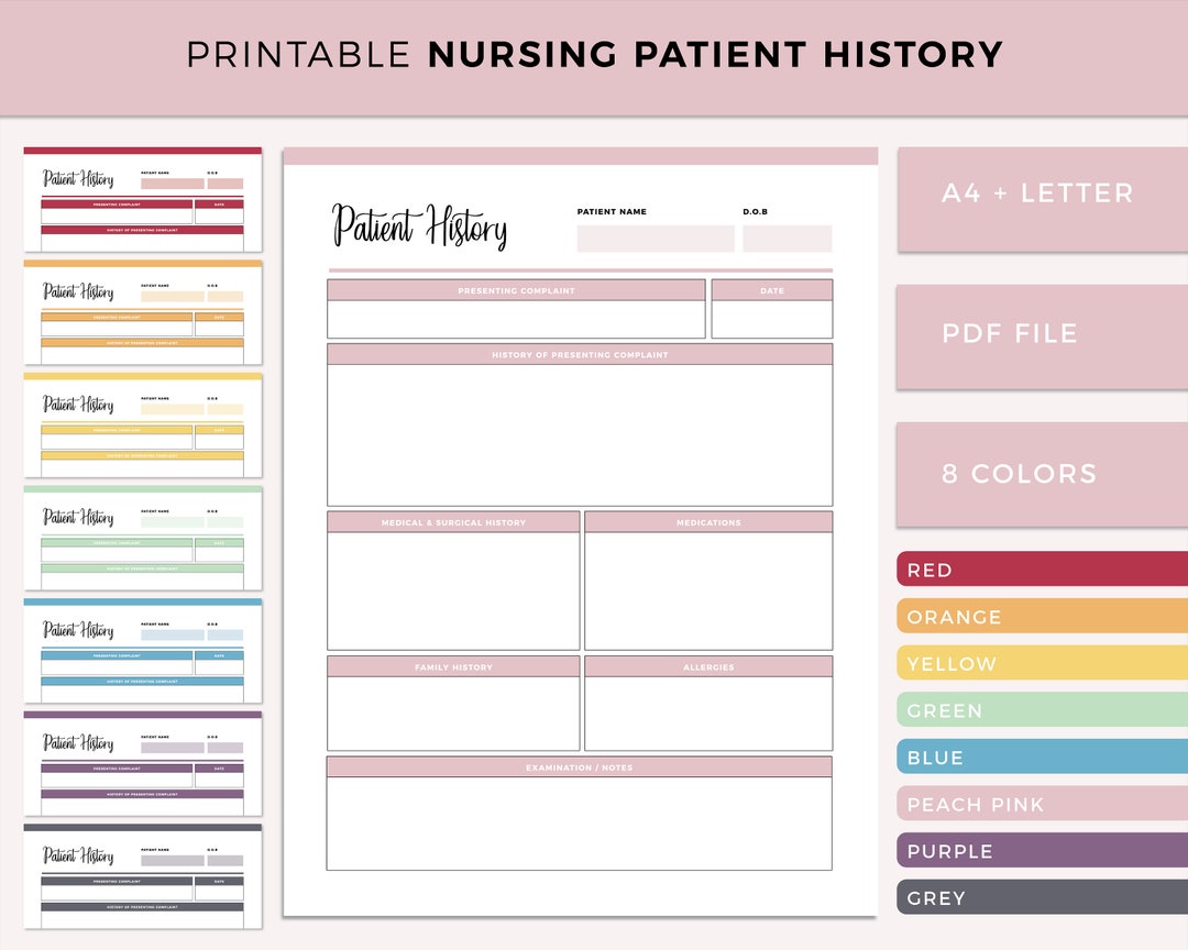 Printable Nursing Patient History Sheet, Nursing Student, Medical ...