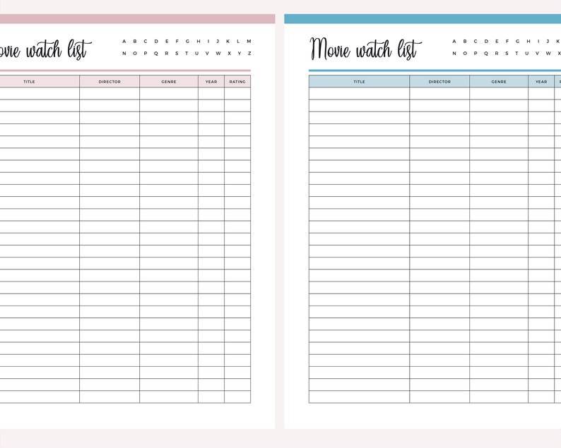 Film Watchlist Movie Watch Checklist Printable Movie | Etsy