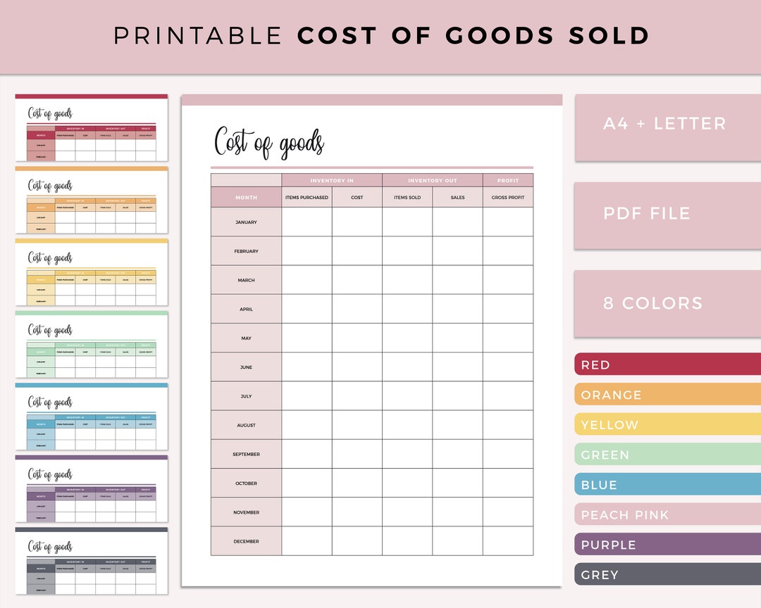 Printable Cost of Goods Sold Sheet, Monthly Profit Tracker, Business ...