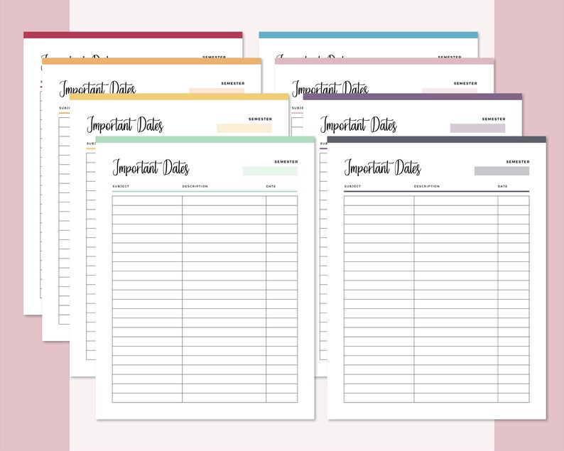 Printable Important Dates List for School and College - Etsy