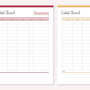Printable Contact Record, Contact Tracker, Client Contact Sheet ...