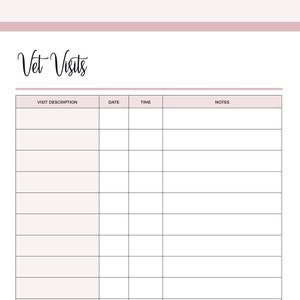Printable Pet Visit Log, Vet Notes, Veterinarian Visitation Tracker ...