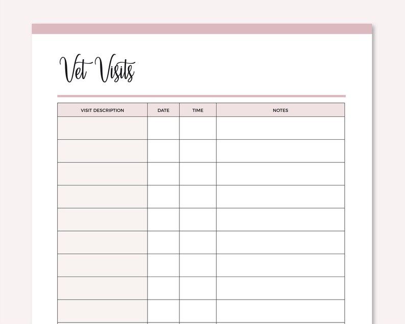 Printable Pet Visit Log Vet Notes Veterinarian Visitation | Etsy