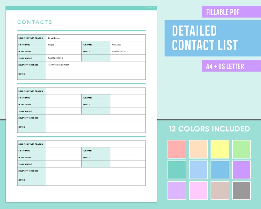 Editable Contact List Printable, Printable Address Book, Business ...