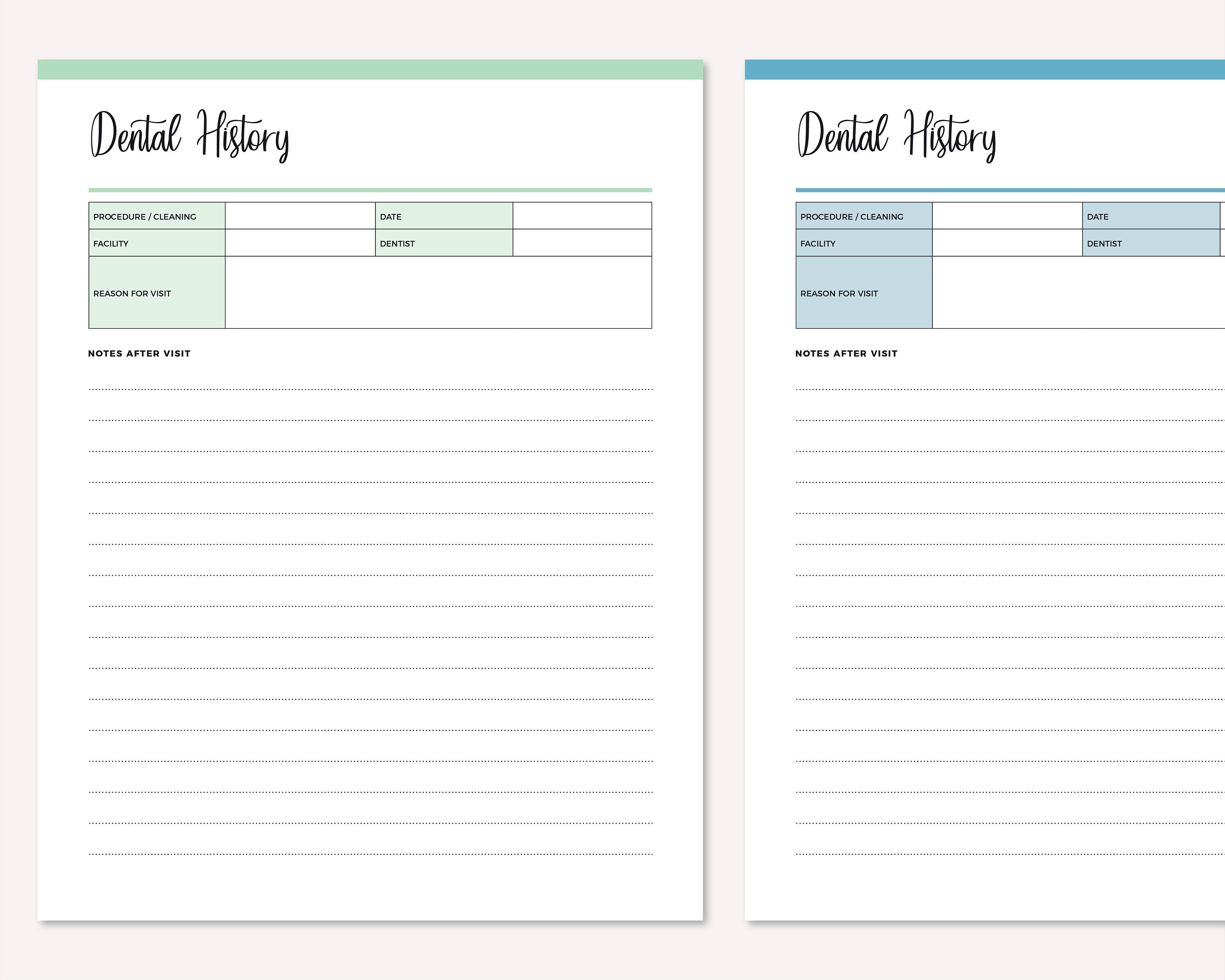 Printable Dental History Dental Records Dental Procedures - Etsy