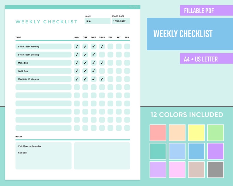 Editable Weekly Checklist Weekly Planner Weekly to Do List - Etsy