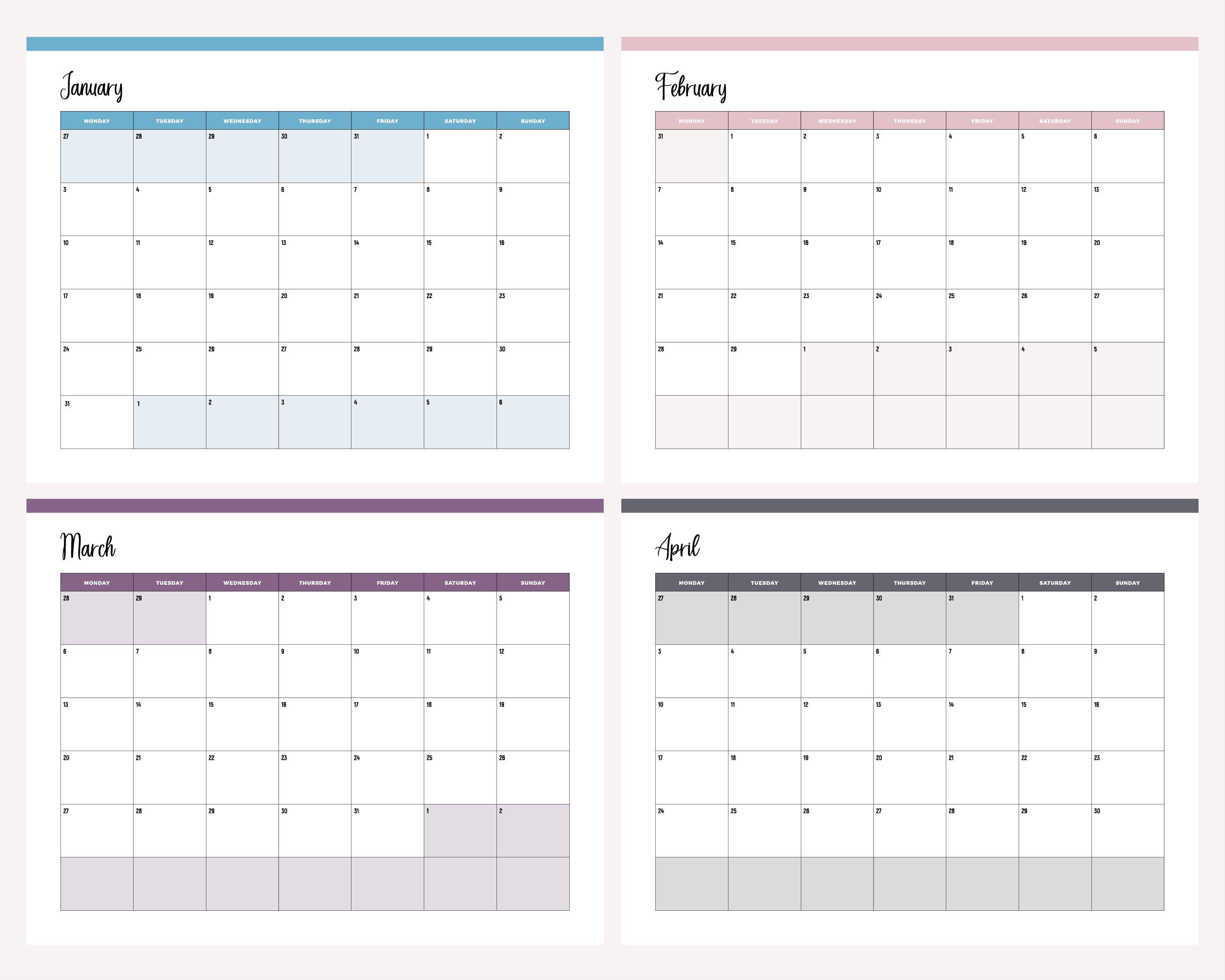 2028 Calendar Printable Landscape, Horizontal Wall Calendar, Yearly ...