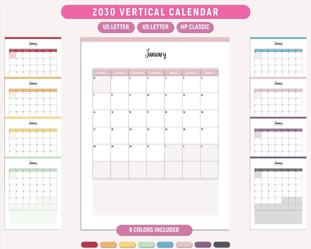 2030 Calendar Printable Portrait, Vertical Wall Calendar, Yearly ...