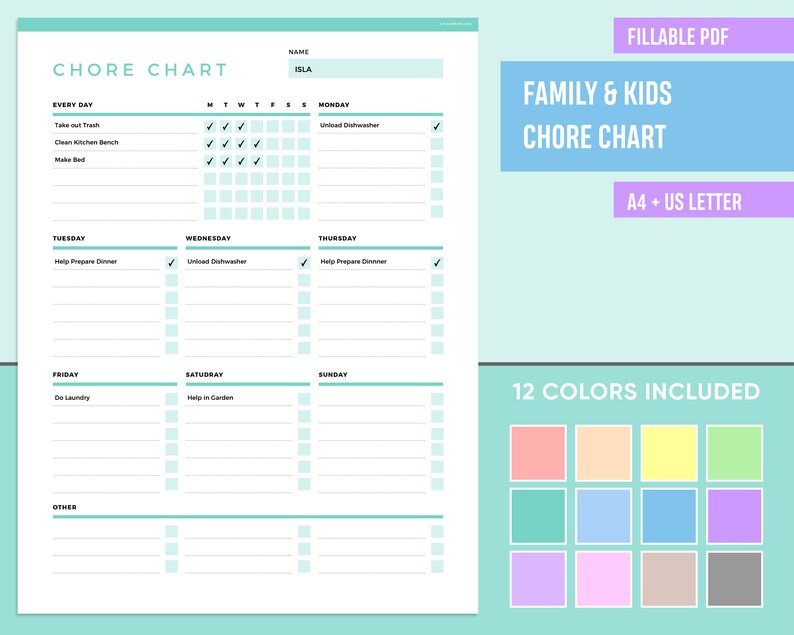 Editable Chore Chart Printable Chore Chart for Kids Family - Etsy