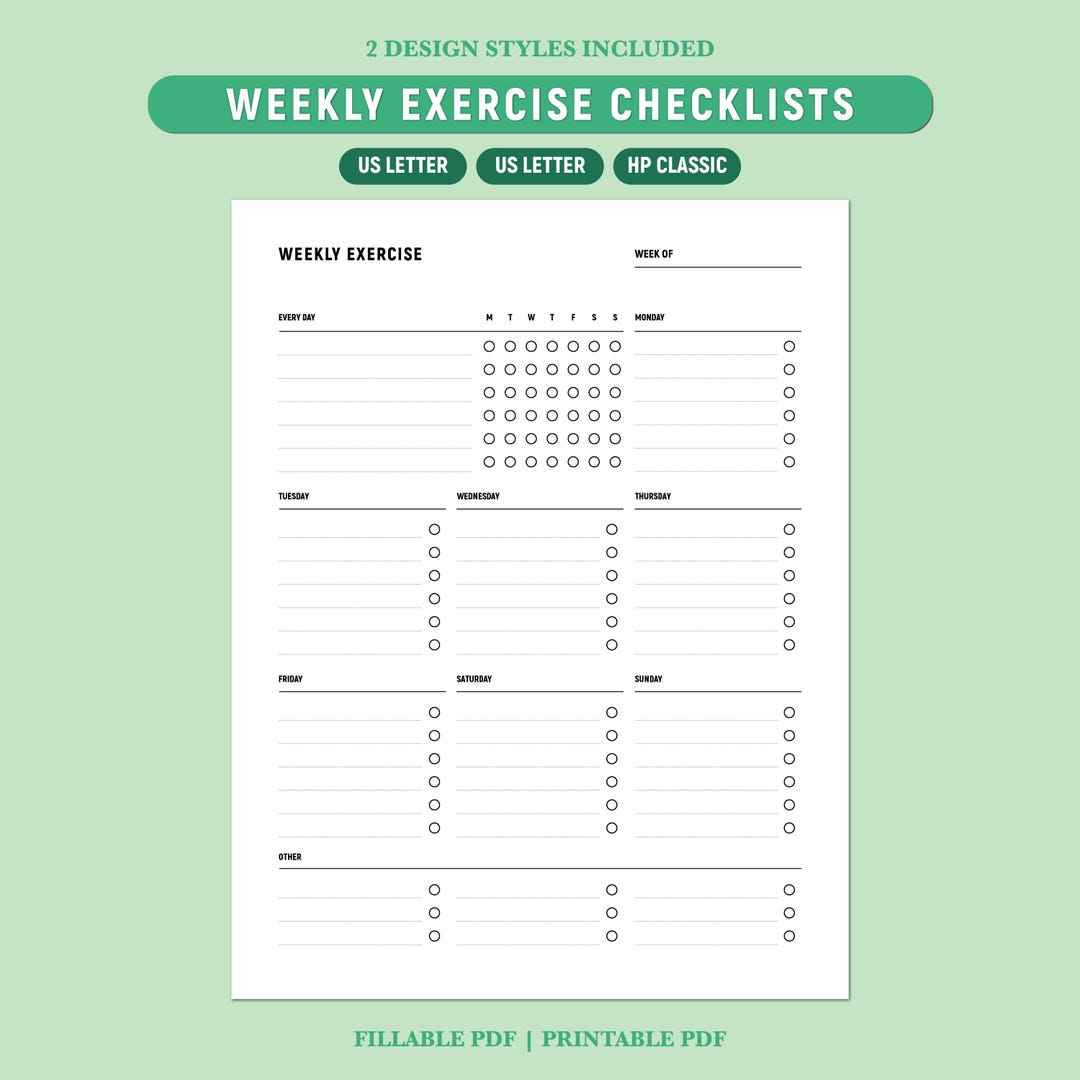 Weekly Exercise Tracker Printable, Workout Checklist, Fitness Planner ...