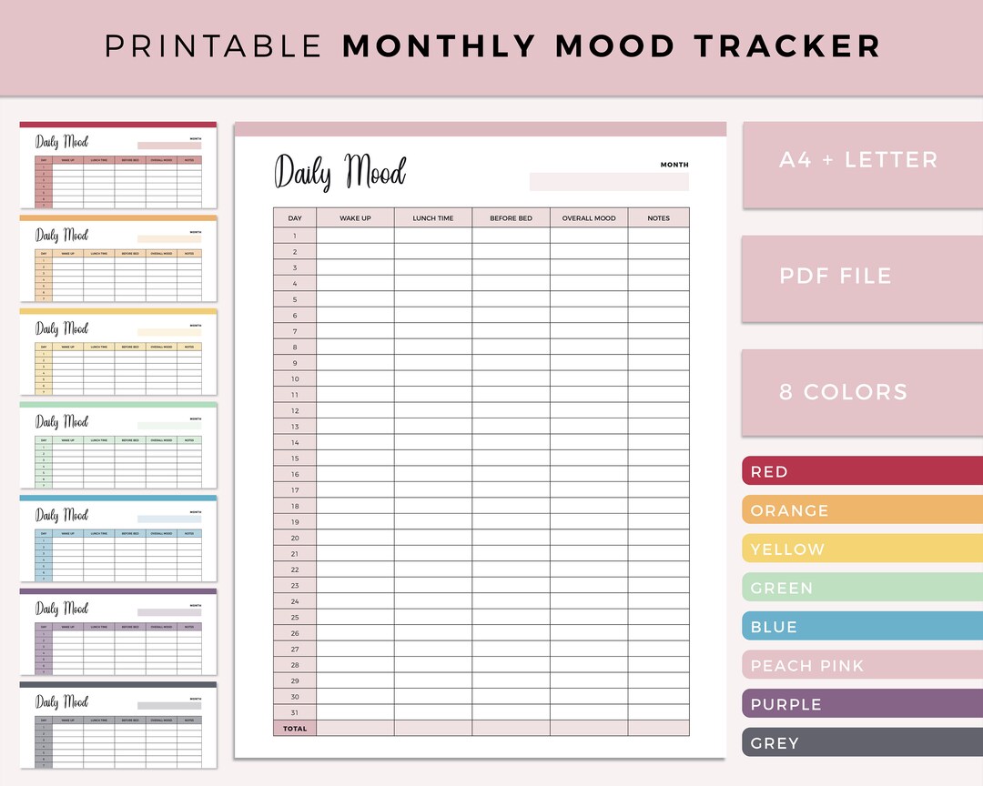 Printable Mood Tracker, Daily Mood Tracking, Emotion Log Monthly ...