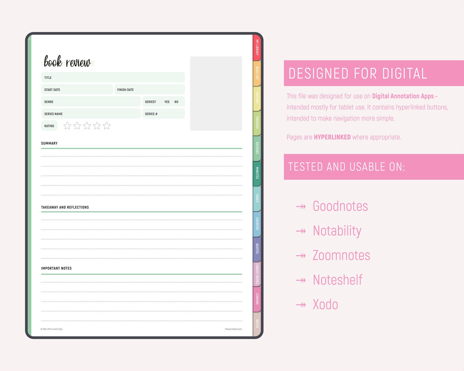 Digital Reading Journal, Digital Book Review Planner, Bookshelf ...