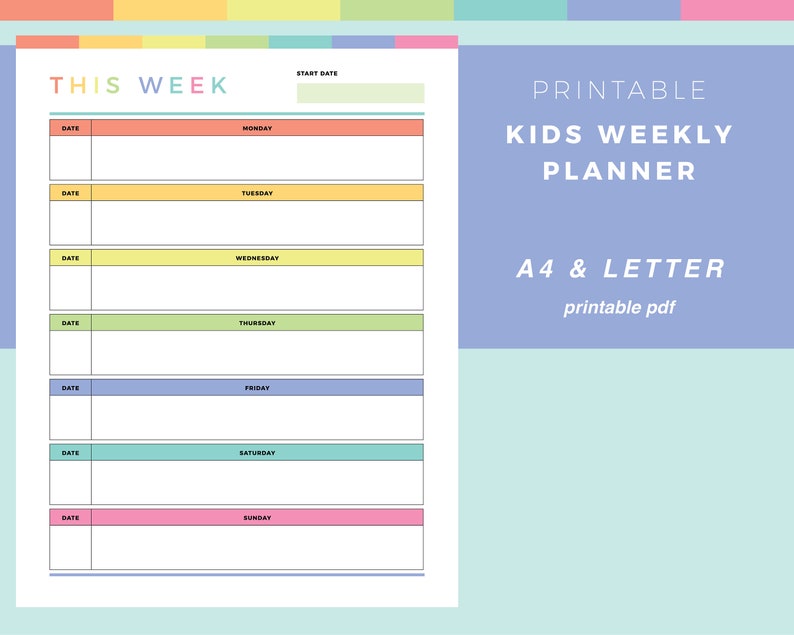 Printable Weekly Planner for Kids Rainbow Planner for - Etsy