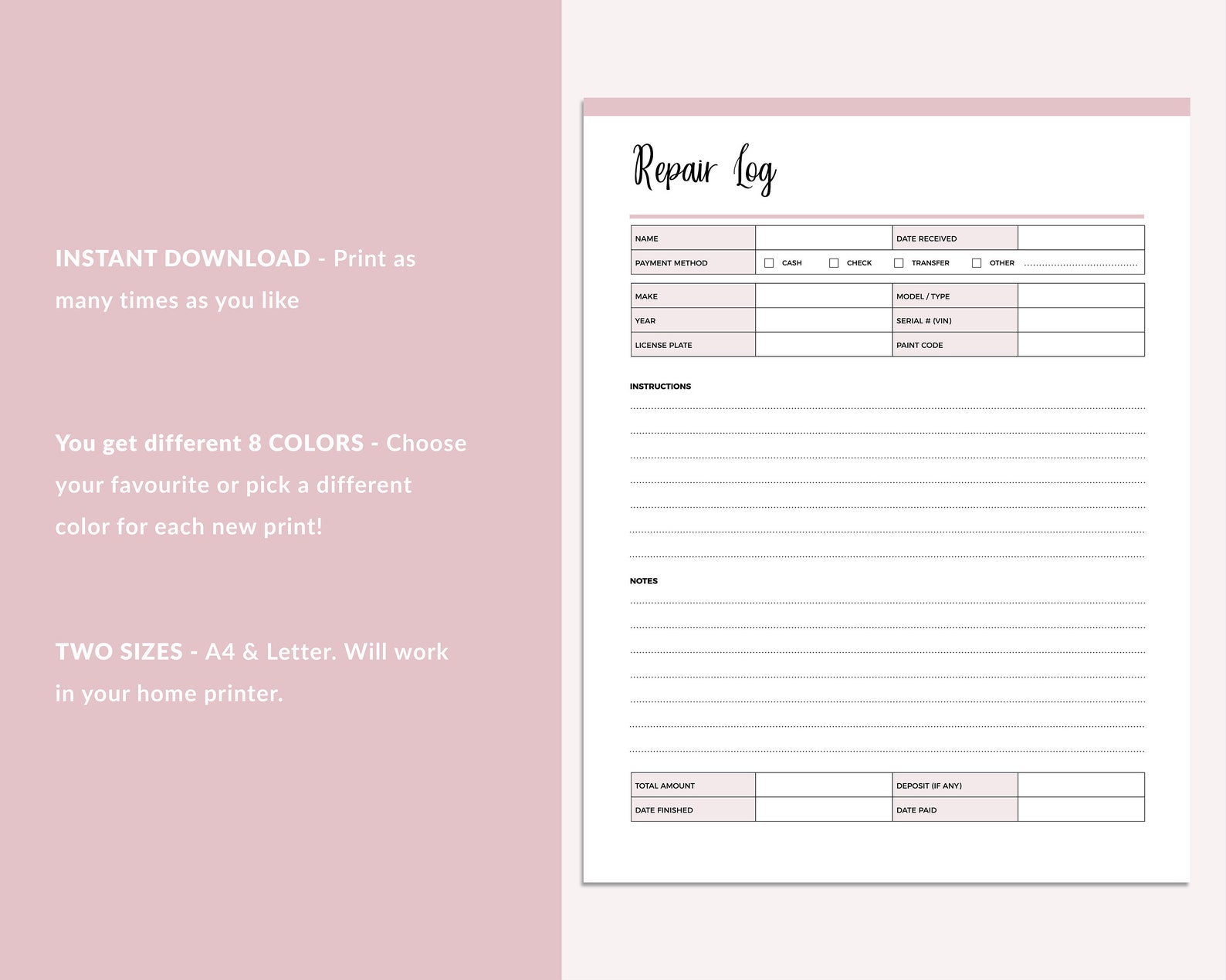 Printable Mechanic Repair Log Auto Body Repair Sheet | Etsy