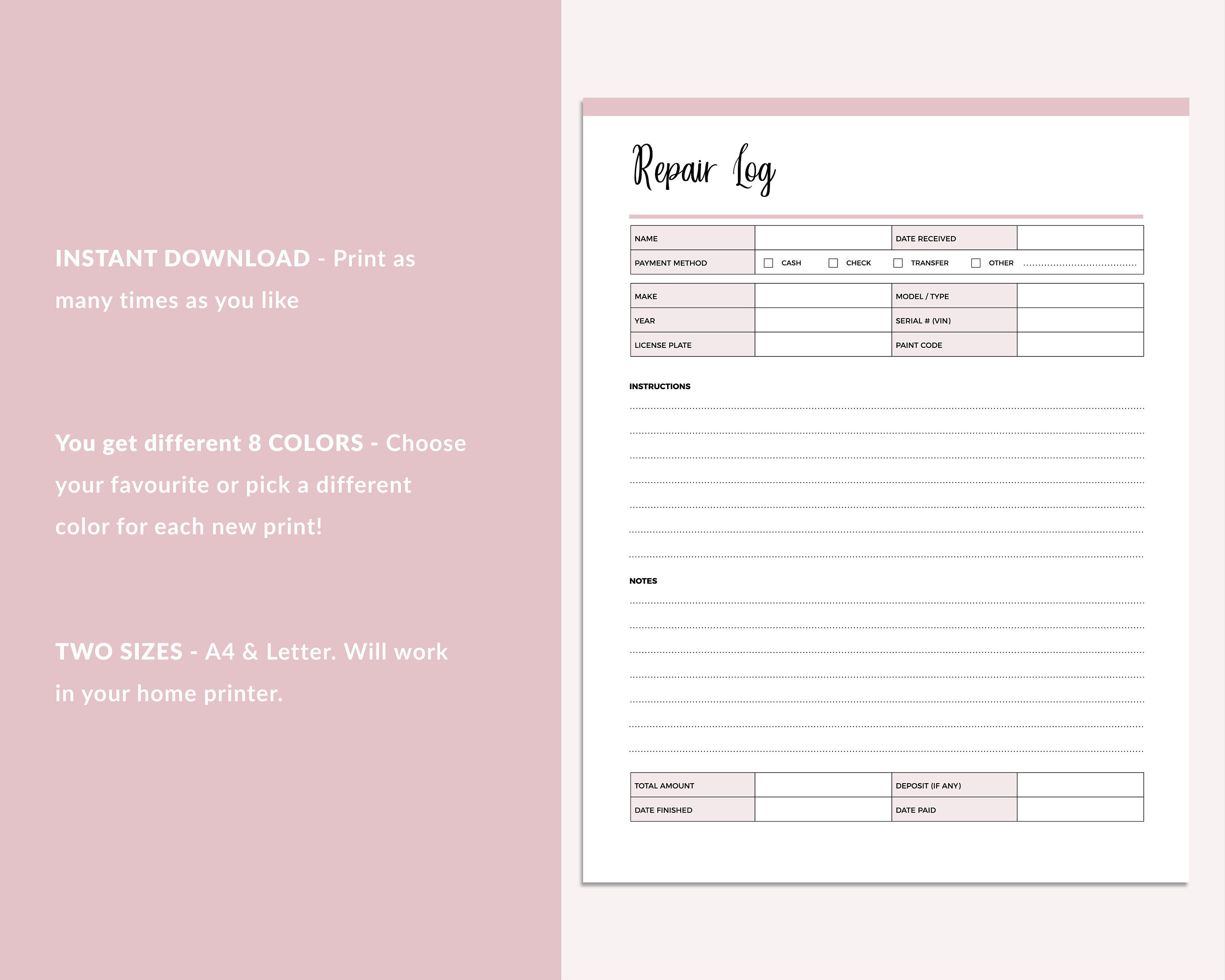 Printable Mechanic Repair Log Auto Body Repair Sheet | Etsy