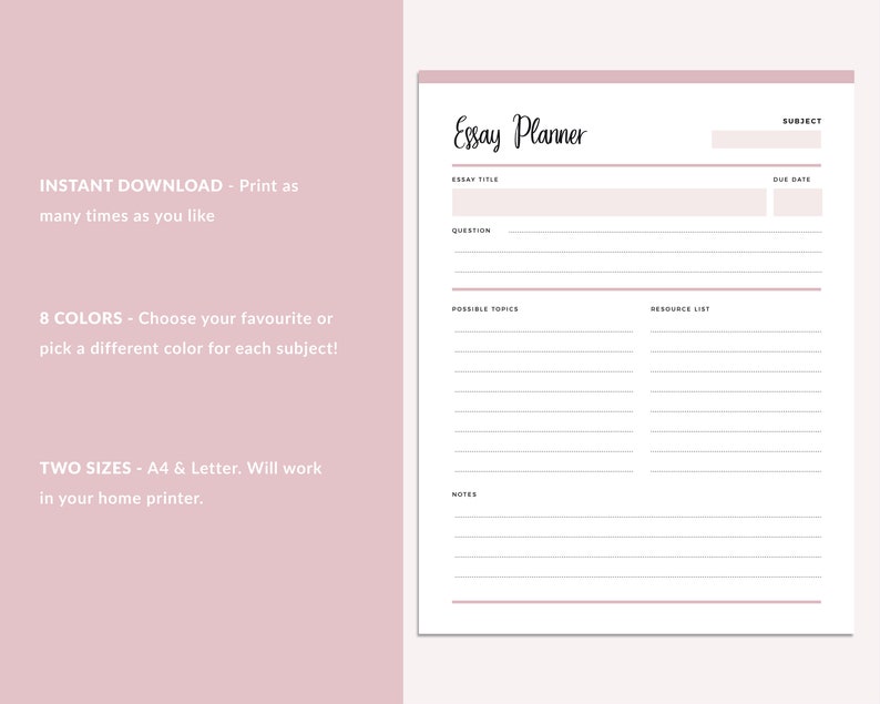 Printable Essay Planner Print at Home Exam Prep Page College - Etsy