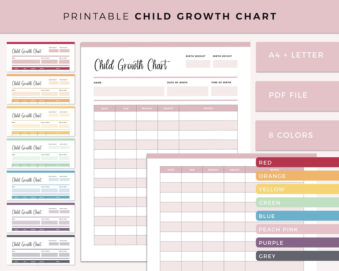 Printable Child Growth Chart, Kid Size and Height Tracking Sheet ...