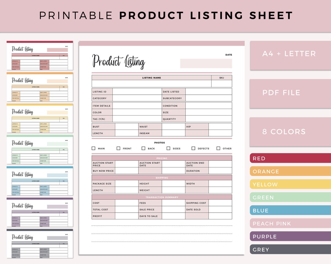 Printable Product Listing Sheet, Ebay Planner, Reseller Information ...