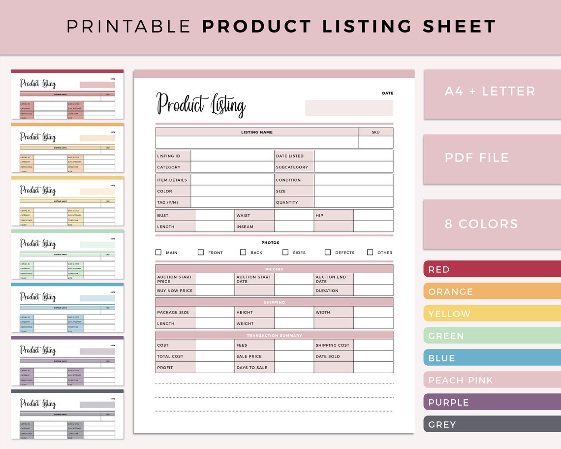 Printable Product Listing Sheet, Ebay Planner, Reseller Information ...