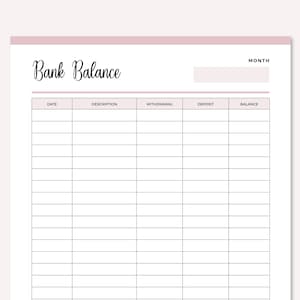 Printable Bank Balance Sheet, Savings Tracker, Banking Record, Finance ...