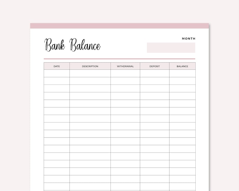 Printable Bank Balance Sheet, Savings Tracker, Banking Record, Finance ...