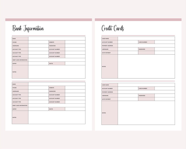 Printable Bank Account Information Tracker, Credit Card Information ...