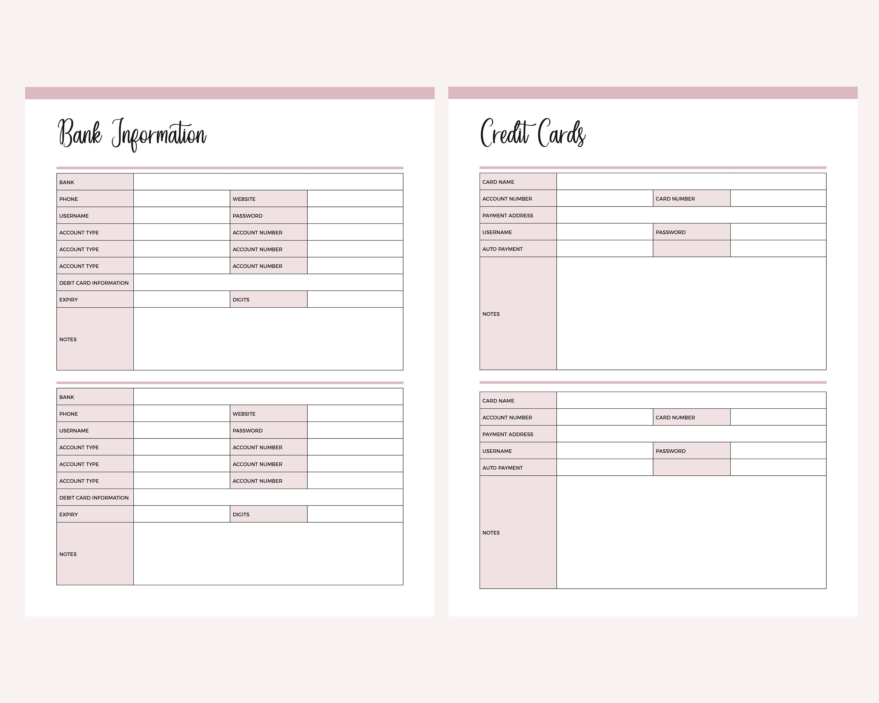 Printable Bank Account Information Tracker Credit Card - Etsy Canada